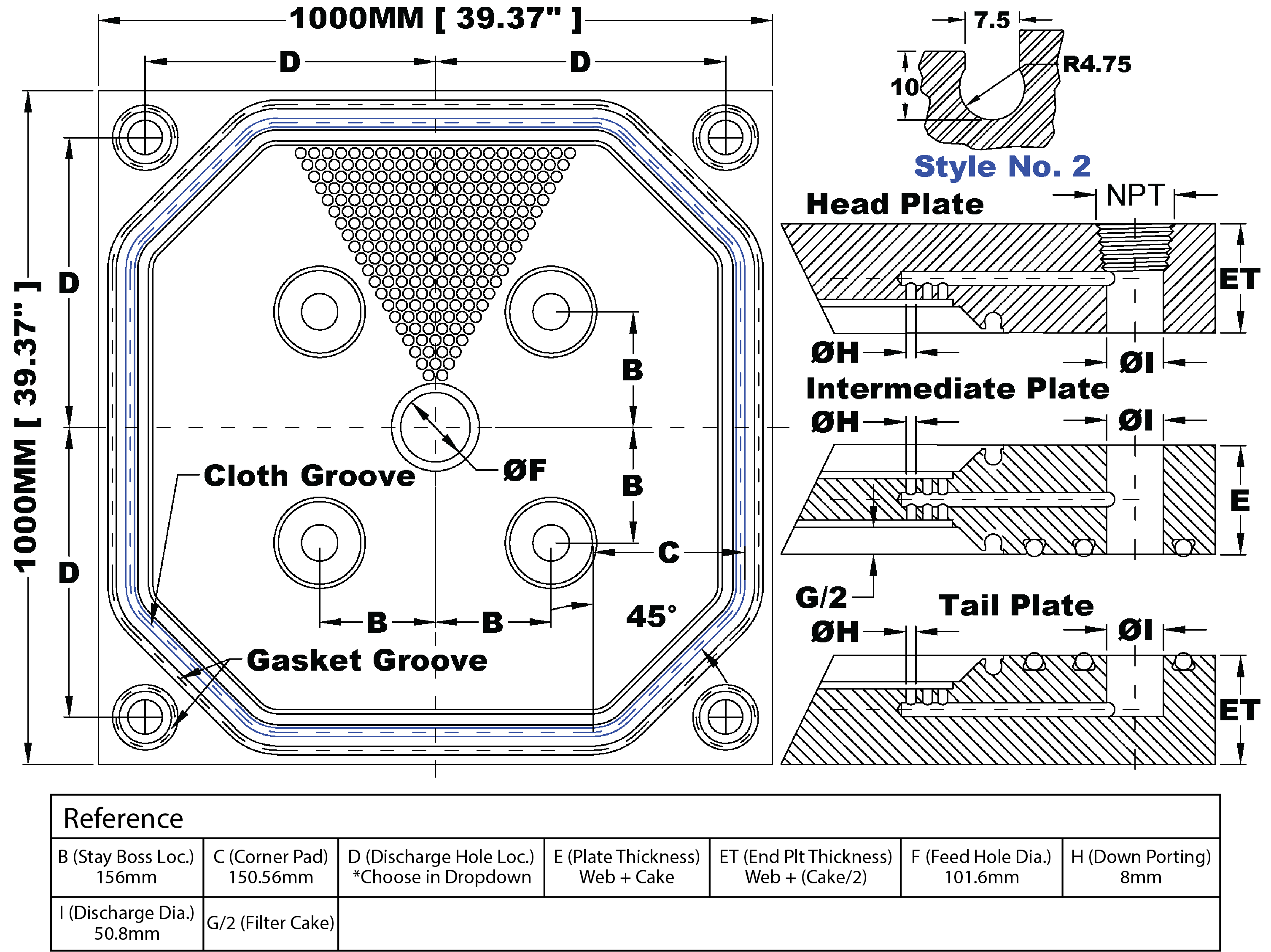 1000mm [39.370″] Cloth & Gasket (CGR) Recess Chamber Filter Plate ...