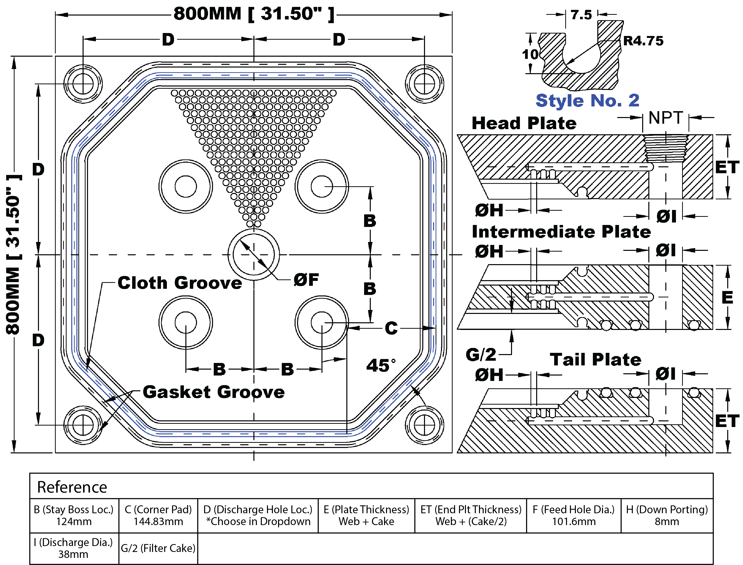0800mm [31.500″] Cloth & Gasket (CGR) Recess Chamber Filter Plate ...